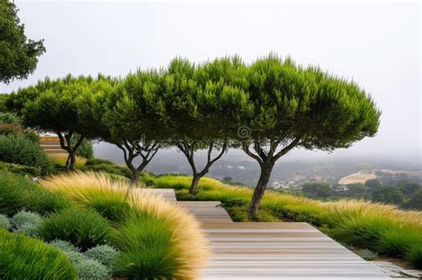 In A Garden Setting A Tall Narrow Evergreen Shrub With Dense Dark