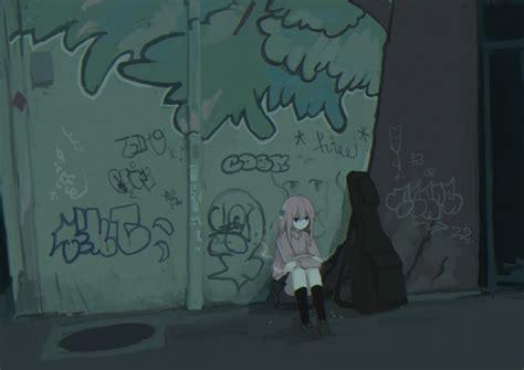 Safebooru 1girl Alley Black Skirt Black Socks Blue Eyes Bocchi The