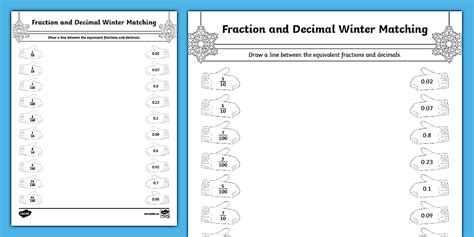 Fourth Grade Fraction And Decimal Winter Matching Worksheet