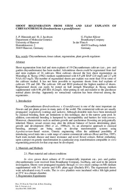 Pdf Shoot Regeneration From Stem And Leaf Explants Of Chrysanthemum