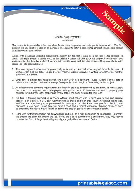 Free Printable Check Stop Payment Form Generic