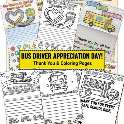 Bus Driver Appreciation 12 Coloring Cards Printable Thank You Pack