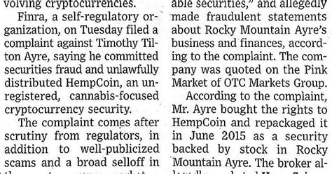 20180910 Wsj Finra Files Fraud Complaint Over Trading In Hempcoin