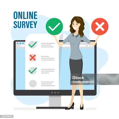 온라인 설문조사 기술 모니터 화면에 질문 목록입니다 여성 고객은 체크마크와 교차 표지판을 보유하고 있습니다 원격 투표 개념 설문지에 대한 스톡 벡터 아트 및 기타 이미지