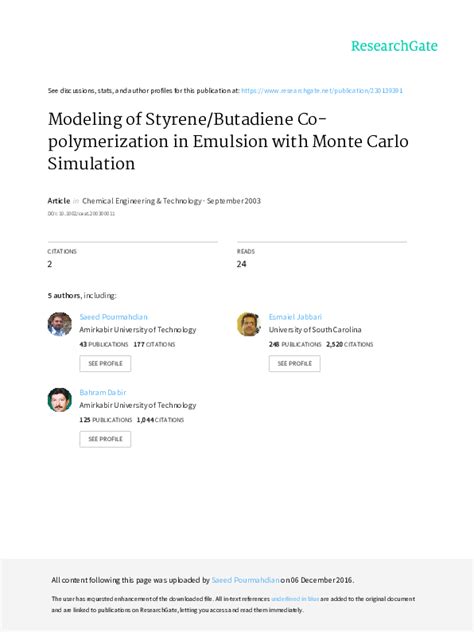 Pdf Modeling Of Styrenebutadiene Co Polymerization In Emulsion With