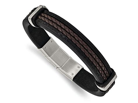 Black And Brown Braided Leather And Stainless Steel Polished Black With
