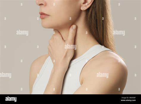 Caucasian Woman Touching Her Throat Sore Throat Cold Flu Tonsillitis Or Thyroid Gland