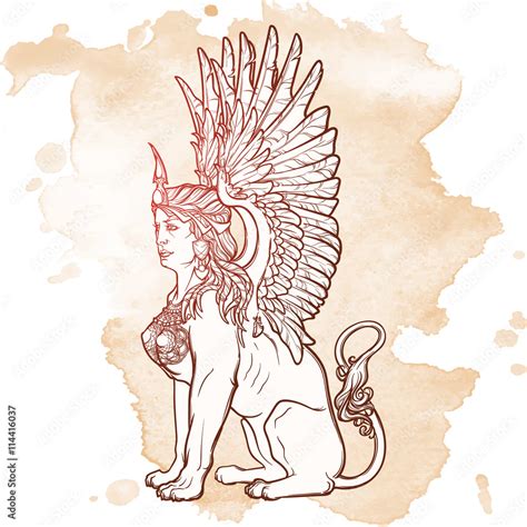 Sketch Drawing Of Sitting Sphinx Isolated On Grunge Background Stock Sketch Drawing Of Sitting Sphinx Isolated On Grunge Background Stock