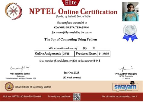 Kovvuri Satya Tejaswini On Linkedin Nptel Certificate Python