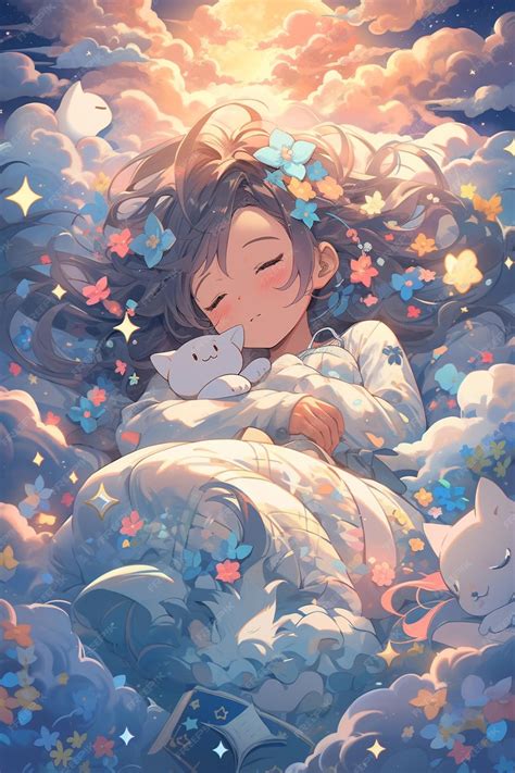 Premium Photo Anime Girl Sleeping In A Cloud Filled Sky With A Cat