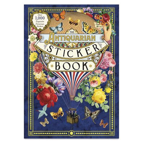 Antiquarian Sticker Book Flowers Butterflies Hot Air Balloon Old