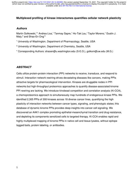 Pdf Multiplexed Profiling Of Kinase Interactomes Quantifies Cellular Network Plasticity