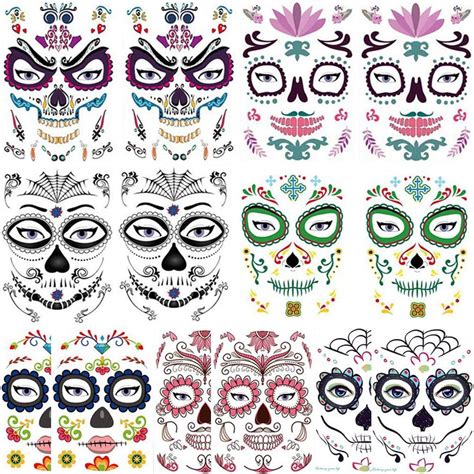 Day Of The Dead Face Tattoos 10 Sheets Halloween
