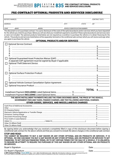 Pre Contract Optional Products And Services Disclosure Bpi Custom Printing