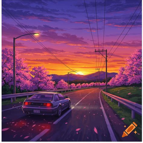 Anime Landscape Of A Car Driving On A Road Lined With Pink Cherry
