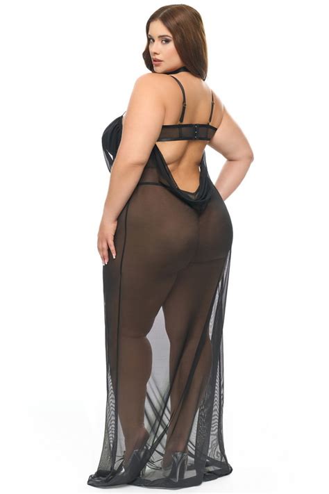 Plus Size Mistress Black Detailed Bra Gown Spicy Lingerie
