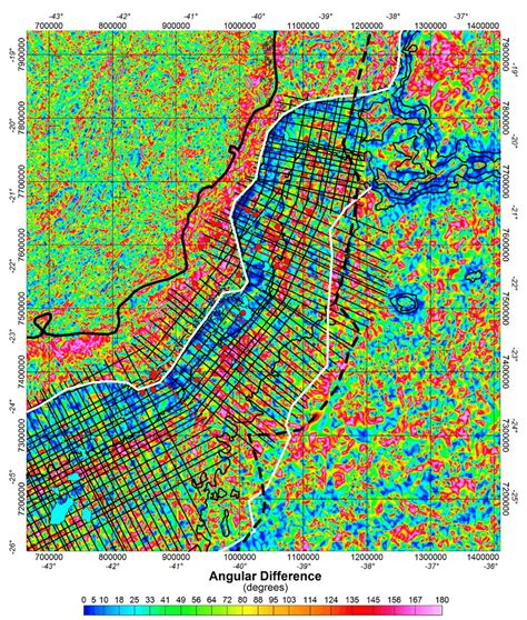 map of computed angular difference between gradients of bathymetry and