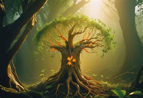 Sprout Of A Plant Grows On A Severed Tree Trunk Stock Illustration