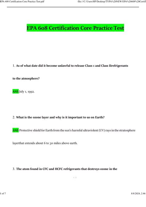 Epa 608 Certification Core Practice Test 2024 Questions And Answers