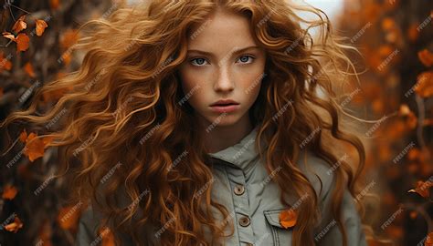 Premium Photo Young Woman With Long Curly Brown Hair Looking At