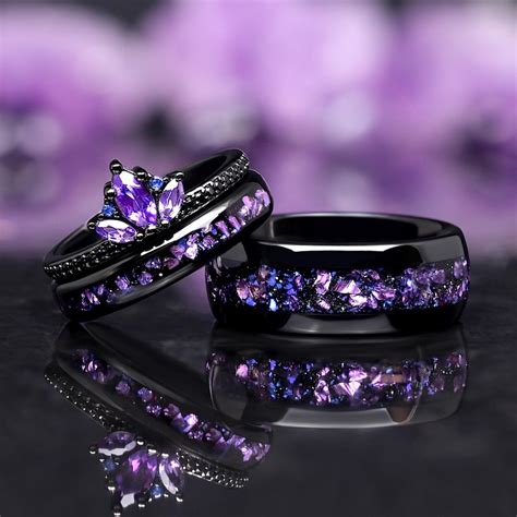 Natural Amethyst Lotus Engagement Ring Set Unique Fantasy Wedding Ring
