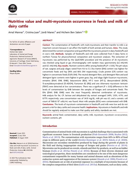 Nutritive Value And Multi Mycotoxin Occurrence In Feeds And Milk Of Dairy Cattle Request Pdf