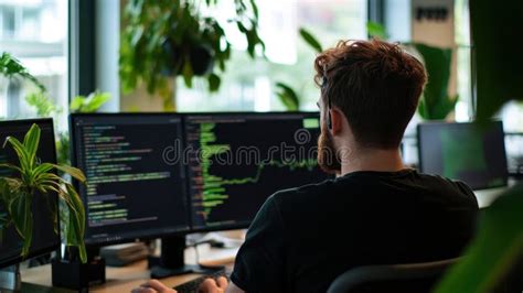 Software Developer Analyzing Code In Modern Office With Green Plants