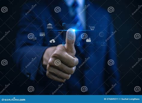 Man Scanning Fingerprint On Virtual Screen Cyber Security Concept Computer Password To Access