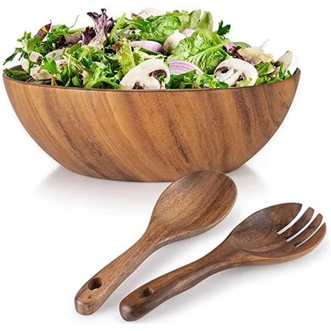 Acacia Wooden Salad Bowl Solid Hardwood Salad Mixing Bowl Set Wood