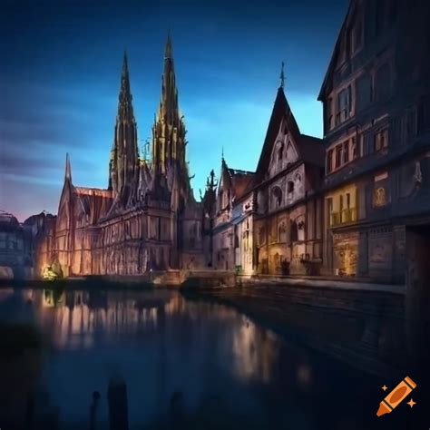Immersive Panorama Of A Medieval Town With Grand Cathedral And Flowing