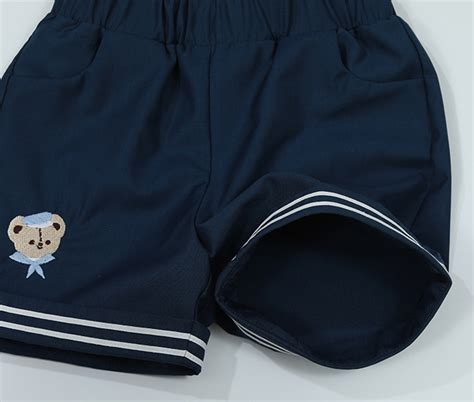 Sailor Collar Bear Embroidery White Top Striped Pattern Dark Blue