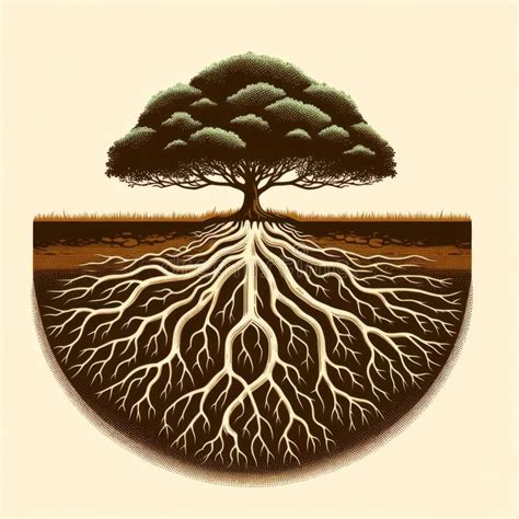 Vintage Style Illustration Of Tree With Extensive Roots Environmental