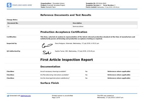 First Article Inspection Report Template