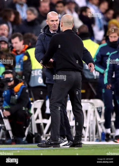 Real Madrid Manager Zinedine Zidane Left And Manchester City Manager