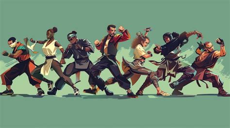 A Group Of Diverse Characters In Martial Arts Poses Ready To Fight They