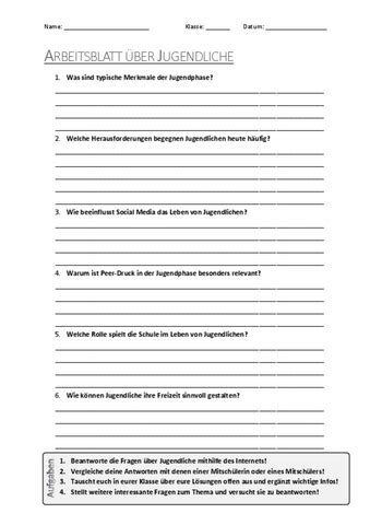 Arbeitsblatt Zum Thema Jugendliche Unterricht Schule