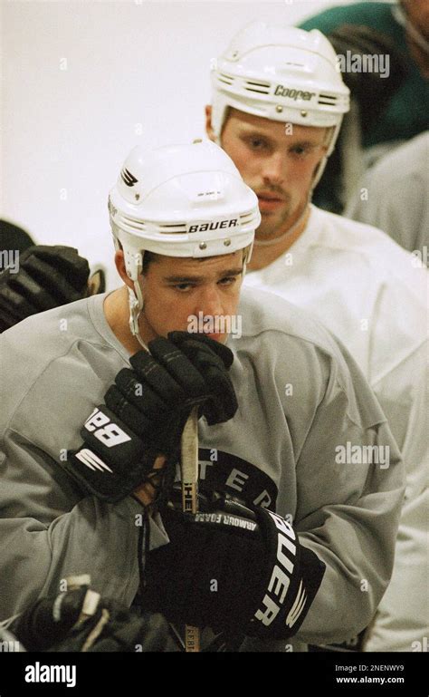 Anaheim Mighty Ducks Defenseman Dan Trebil Front Is Pictured During A Huddle At The Teams