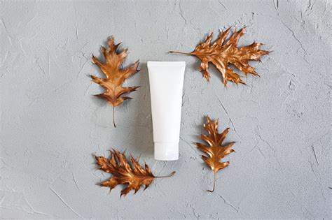 회색 질감의 배경에 흰색 스퀴즈 병 플라스틱 튜브와 황금 잎 프레임의 모형 트렌디 한 그림자 상단 보기 복사 공간 럭셔리 플랫레이 0명에 대한 스톡 사진 및 기타 이미지