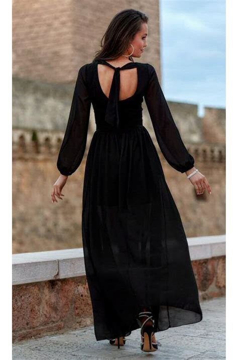Rochie Eleganta Lunga Din Chiffon Neagra Cu Maneca Lunga Vaporoasa