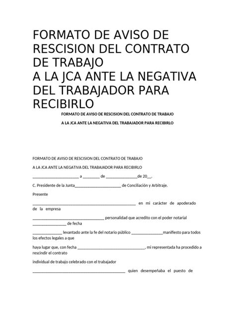 Formato De Aviso De Rescision Del Contrato De Trabajo Cuando No Quieren