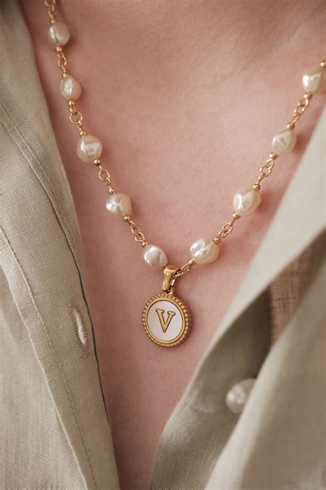 Personalized Gold Necklace Pearl Initial Necklace Letter Necklace