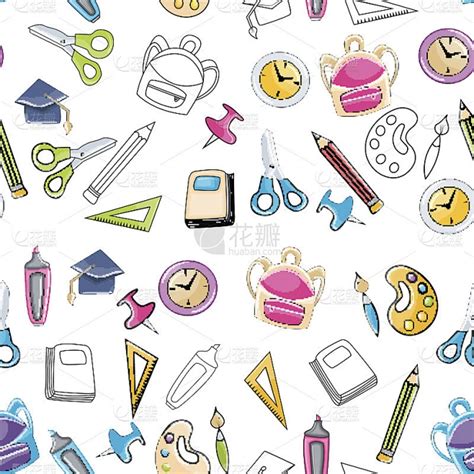 学校元素无缝模式。手绘涂鸦风格。教育用品的背景印刷概念。素材 花瓣网 学校元素无缝模式。手绘涂鸦风格。教育用品的背景印刷概念。素材 花瓣网