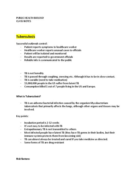 Bph Bio Class Notes Public Health Biology Class Notes Tuberculosis