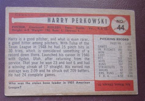 1954 Bowman Harry Perkowski Cincinnati Redlegs 44 Ex Ebay