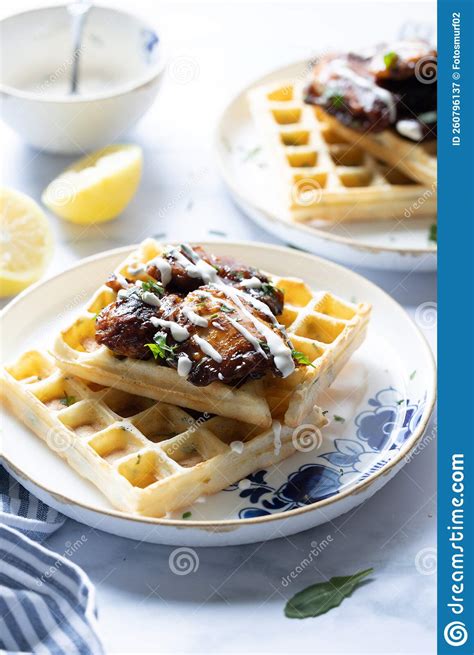 Chicken And Waffles Stock Image Image Of Lemon Details 260796137