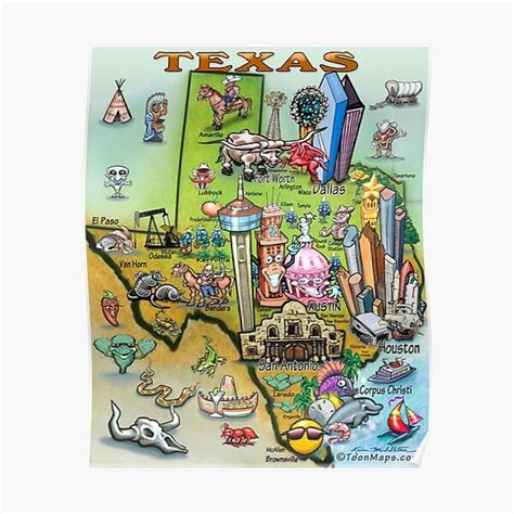 Fun Texas Cartoon Map Premium Matte Vertical Poster Sold By Emma Taylor