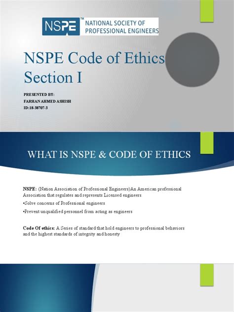 Nspe Code Of Ethics Section I Presented By Farhan Ahmed Ashish Id18