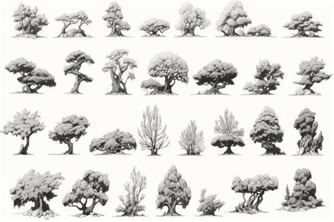 Premium AI Image Collection Minimal Style Tree Line Drawing Side View Set Of Graphics Trees
