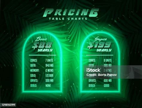 미래지향적인 사이버펑크 또는 신스웨이브 형광 네온 라이트 스타일의 웹 디자인 또는 앱 가격 책정을 위한 서비스 가격 표 또는 차트 Dj에 대한 스톡 벡터 아트 및 기타