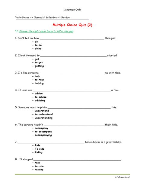 Multiple Choice Verb Form Quiz 2 Pdf Language Families Morphology
